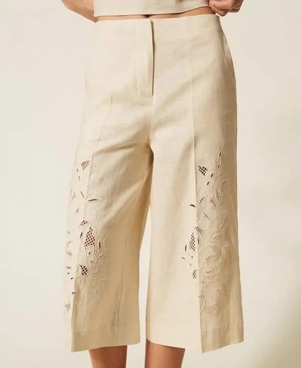 TWINSET Cropped Wide-leg Pants With Floral Embroidery - Nude