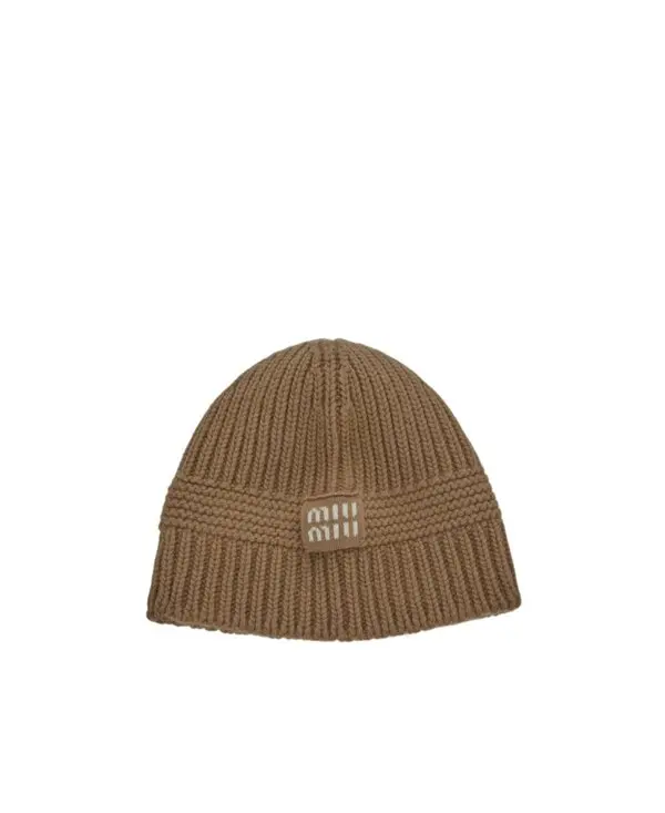 Miu Miu Ribbed Logo Beanie - Camel Brown
