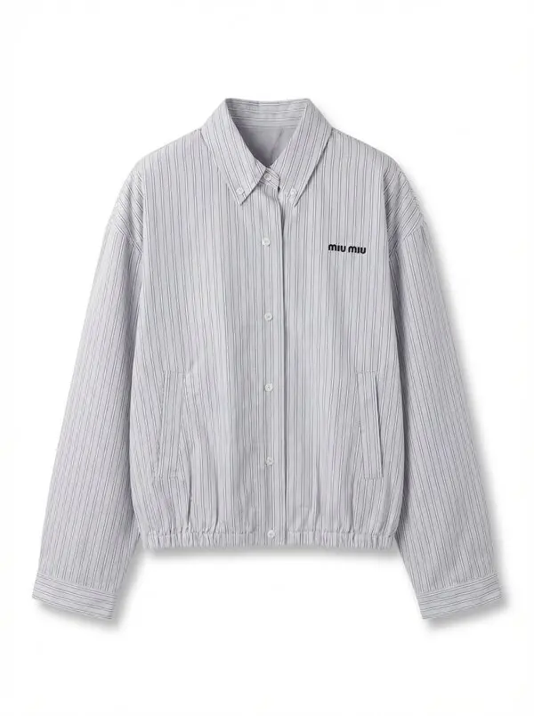 Miu Miu Logo Embroidered Striped Shirt Jacket