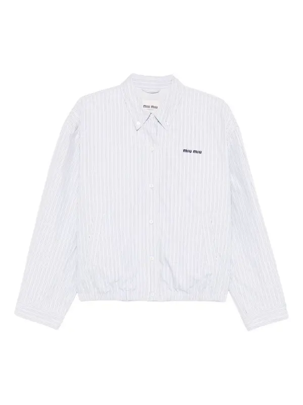Miu Miu Logo Embroidered Striped Shirt Jacket - Grey