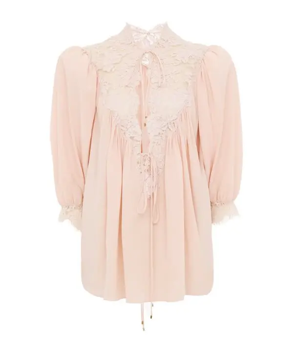 Chloé Fluid Puff-sleeved Blouse With Lace Appliqués