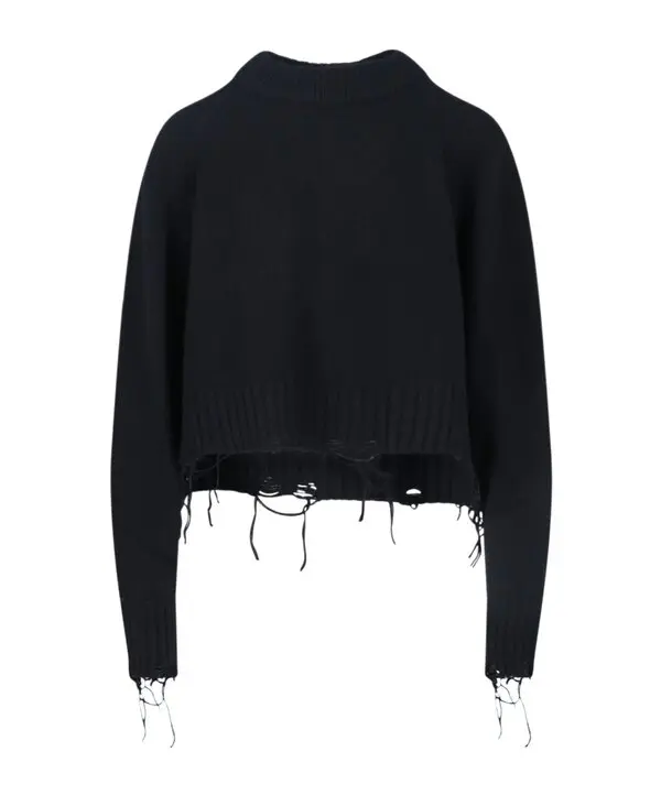 LOW CLASSIC Distressed Crop Sweater With Fringe Detail - Black