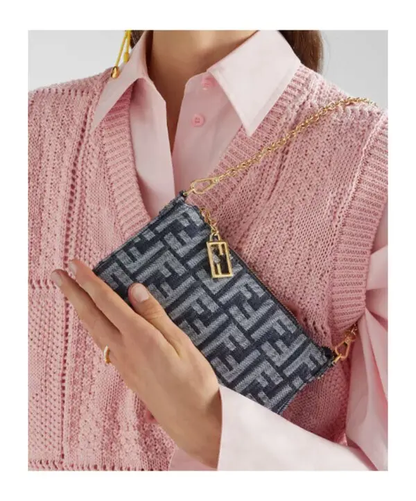 Fendi Baguette Ff Jacquard Pouch With Chain Strap - Blue