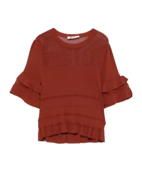 TWINSET Ruffle Rib Knit Mesh Jumper - Red