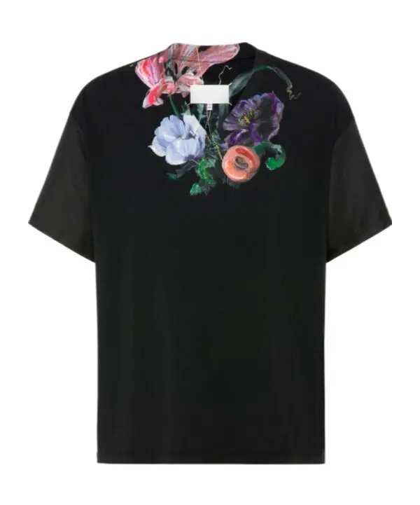 MAISON MARGIELA Floral Printed V-neck T-shirt - Black