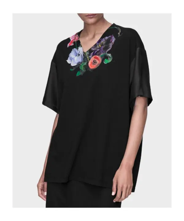 MAISON MARGIELA Floral Printed V-neck T-shirt - Black
