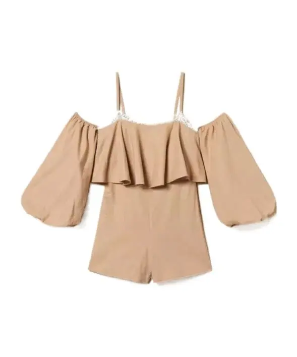 TWINSET Lace Trim Playsuit With Detachable Puff Sleeves - Nude