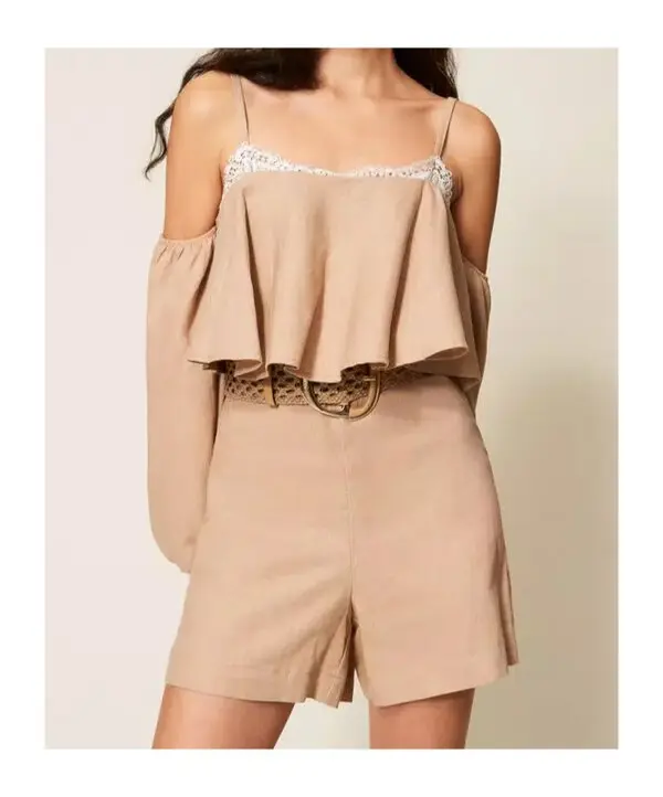 TWINSET Lace Trim Playsuit With Detachable Puff Sleeves - Nude