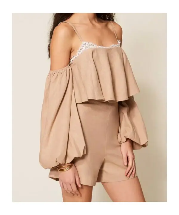 TWINSET Lace Trim Playsuit With Detachable Puff Sleeves - Nude