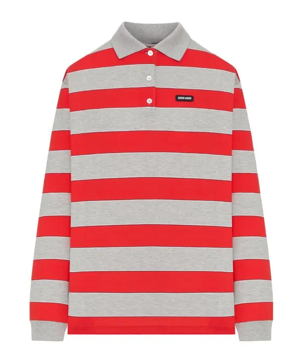 Miu Miu Striped Jersey Long Sleeve Polo Shirt - Gray