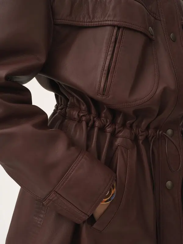 Chloé Leather High Neck Coat - Dark Brown