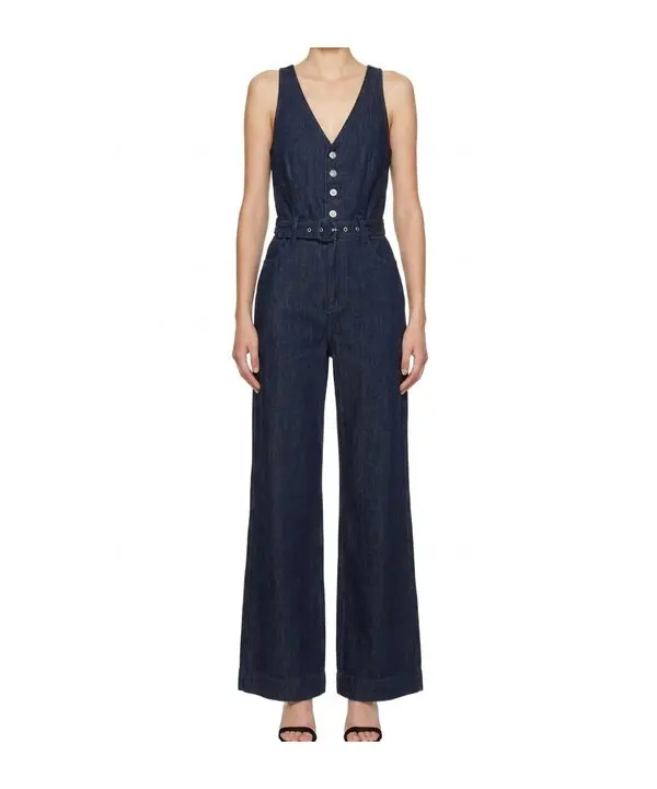 7 For All Mankind Sleeveless V-neck Belted Wide-leg Jumpsuit - No
