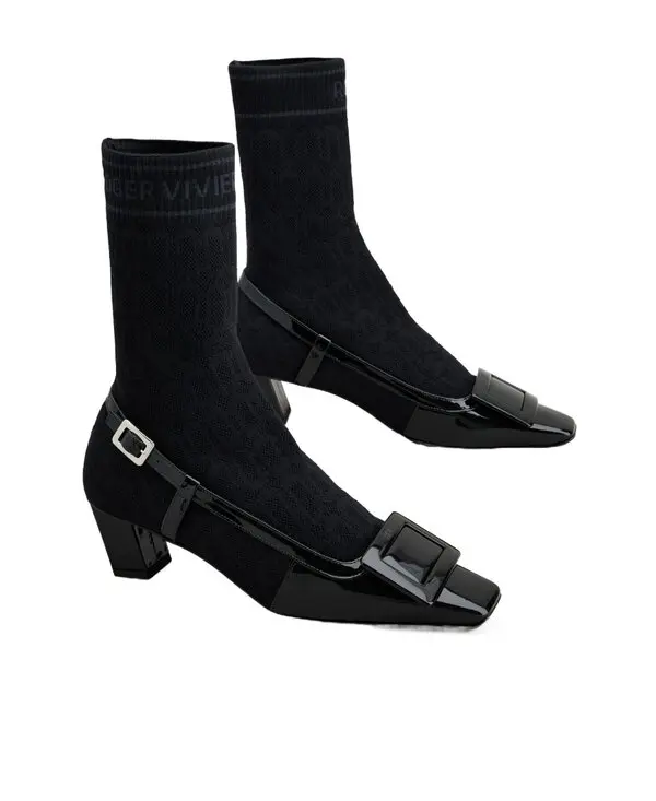 ROGER VIVIER Belle Vivier Sock Lacquered Buckle Ankle Boots