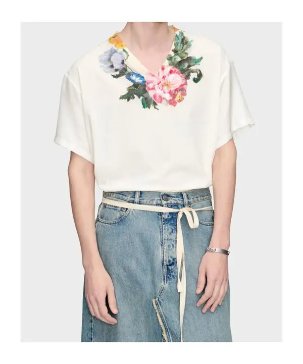 MAISON MARGIELA Floral Printed V-neck T-shirt - White