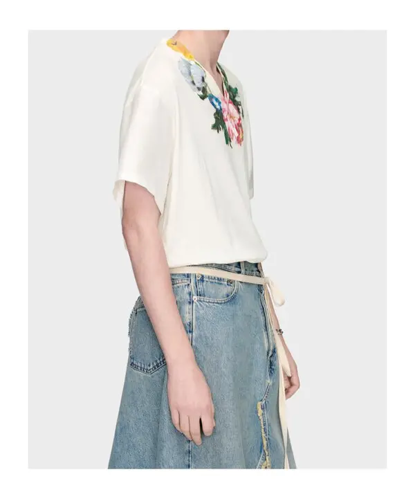 MAISON MARGIELA Floral Printed V-neck T-shirt - White