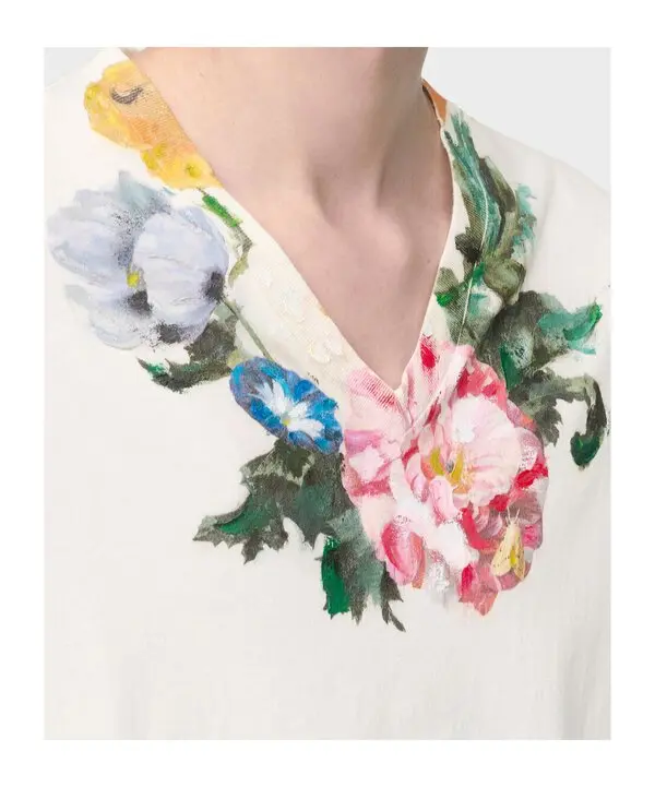 MAISON MARGIELA Floral Printed V-neck T-shirt - White
