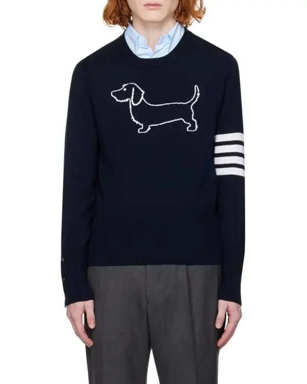 Thom Browne 4-bar Stripe Crewneck Jumper With Dachshund Motif - Navy Blue