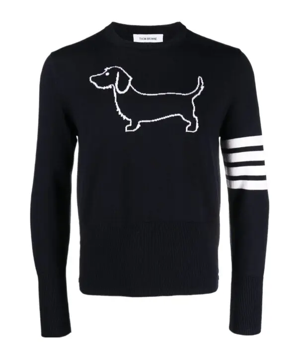 Thom Browne 4-bar Stripe Crewneck Jumper With Dachshund Motif