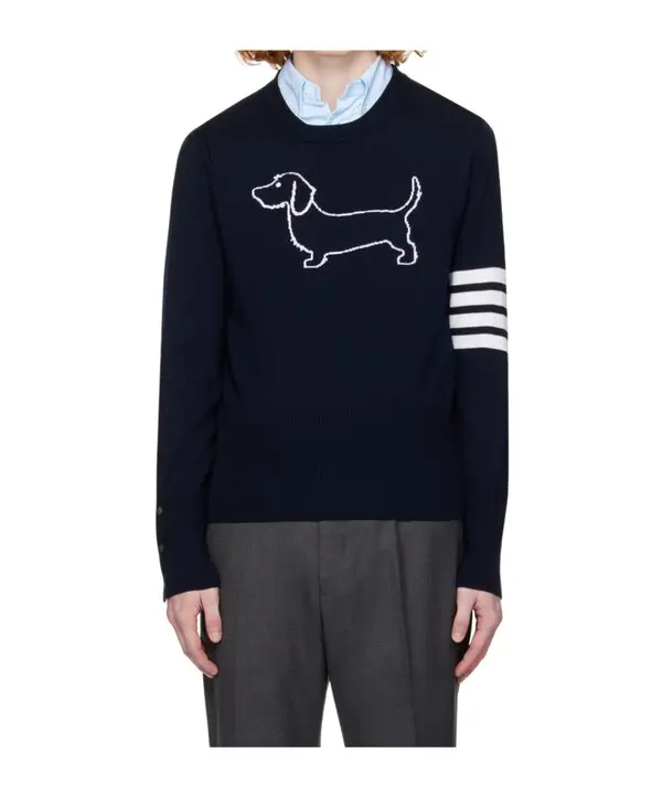 Thom Browne 4-bar Stripe Crewneck Jumper With Dachshund Motif