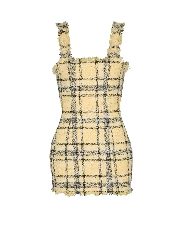 Balmain Frayed Check Tweed Mini Dress - Yellow