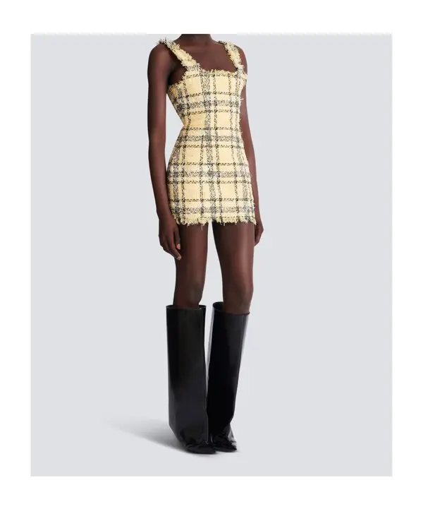 Balmain Frayed Check Tweed Mini Dress - Yellow