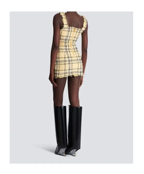 Balmain Frayed Check Tweed Mini Dress - Yellow