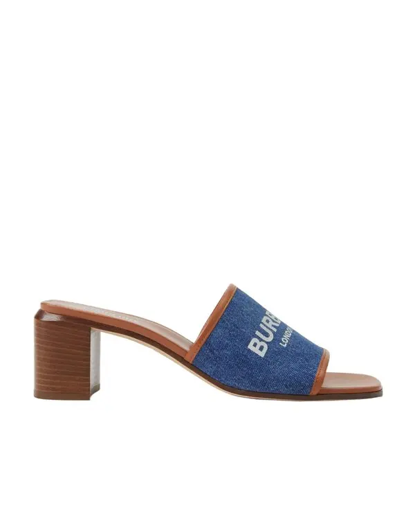 Burberry Label Print Denim And Leather Block Heel Mules - Blue