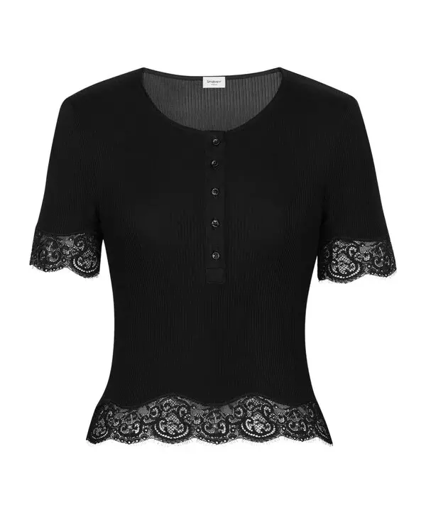 Saint Laurent Ribbed Henley T-shirt With Lace Cuffs - Black