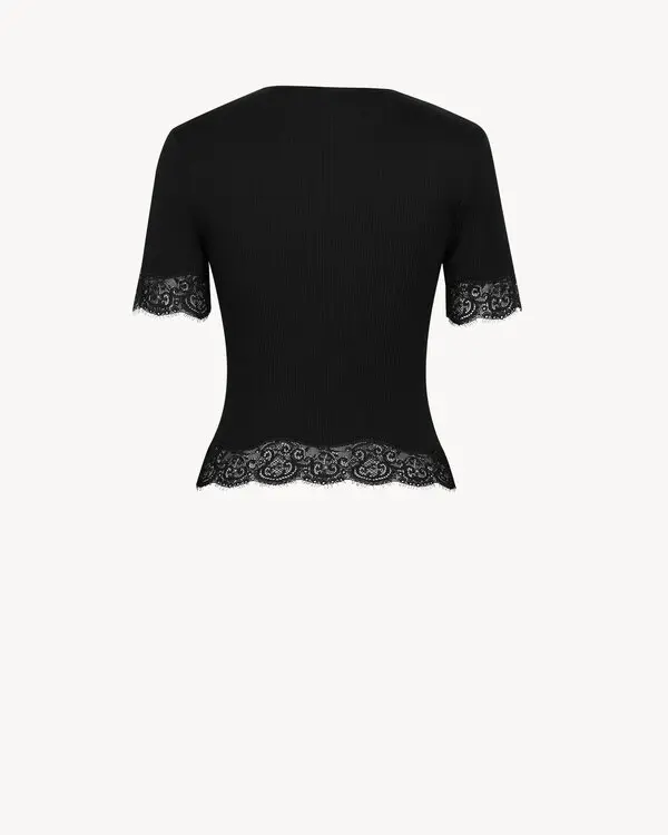 Saint Laurent Ribbed Henley T-shirt With Lace Cuffs - Black