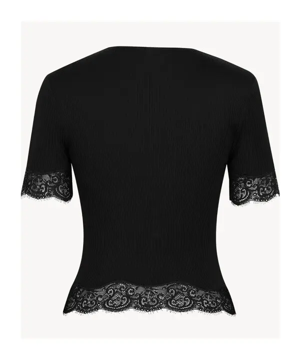 Saint Laurent Ribbed Henley T-shirt With Lace Cuffs - Black