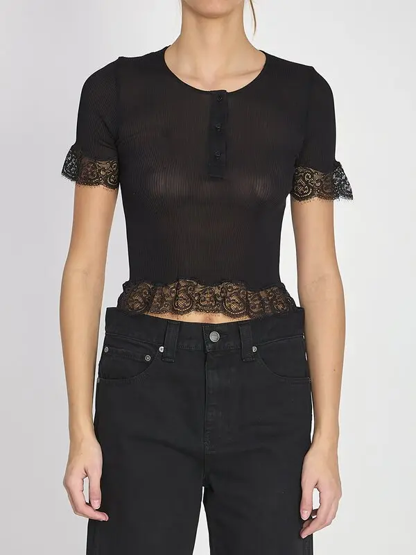 Saint Laurent Ribbed Henley T-shirt With Lace Cuffs - Black