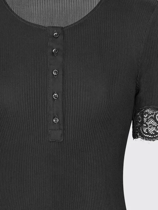 Saint Laurent Ribbed Henley T-shirt With Lace Cuffs - Black
