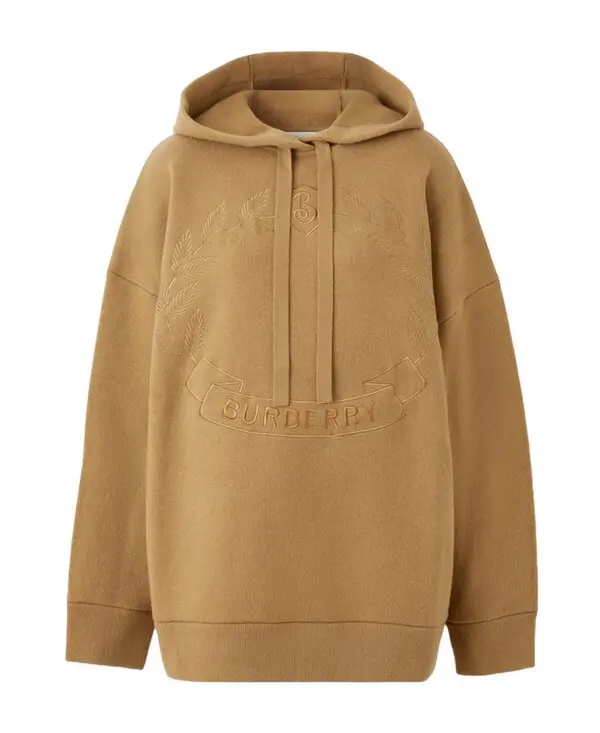 Burberry Embroidered Oak Leaf Crest Drawstring Hoodie - Brown