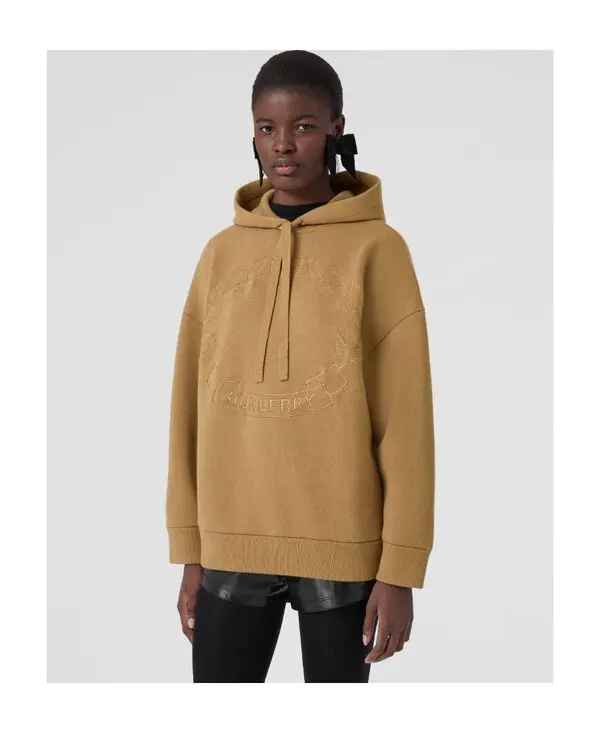 Burberry Embroidered Oak Leaf Crest Drawstring Hoodie - Brown