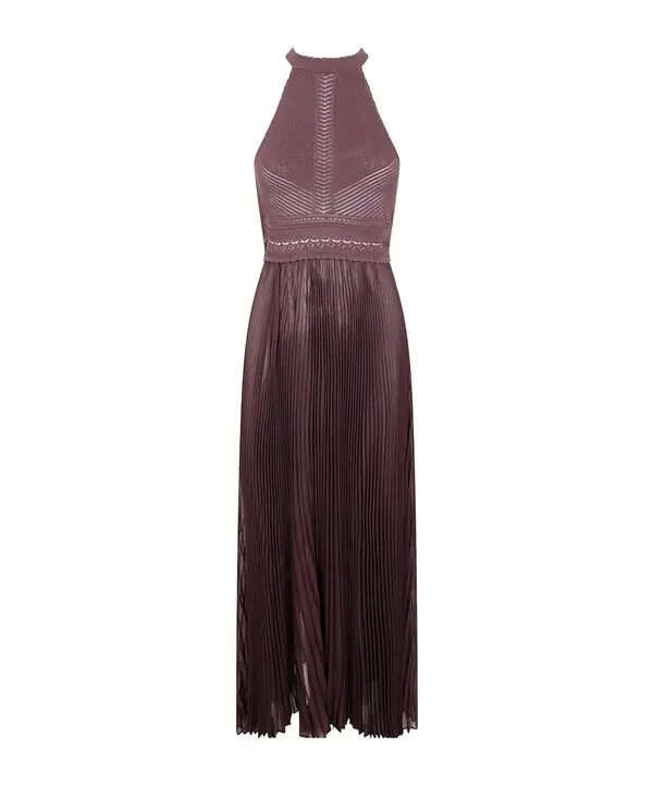 TWINSET Long Knit And Pleated Georgette Halterneck Maxi Dress - Black