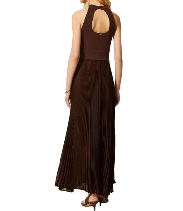 TWINSET Long Knit And Pleated Georgette Halterneck Maxi Dress - Black