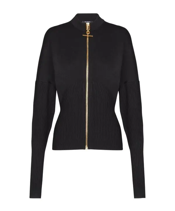 Balmain Zipped Knit Cardigan With Batwing Sleeves - Black