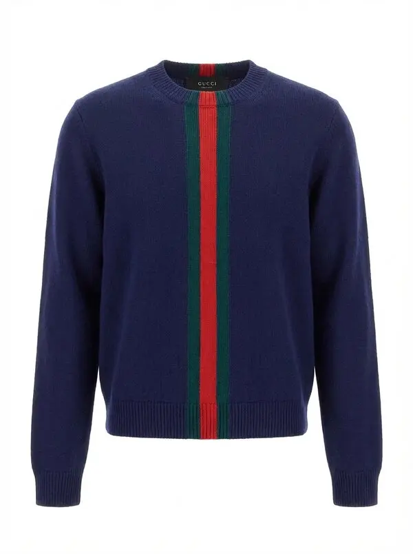 Gucci Fine Knit Wool Sweater With Web Intarsia - Blue