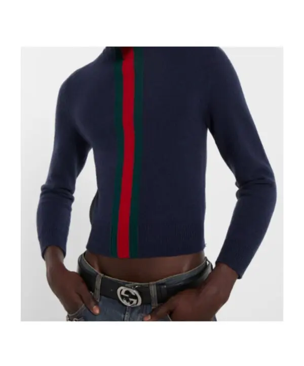 Gucci Fine Knit Wool Sweater With Web Intarsia - Blue