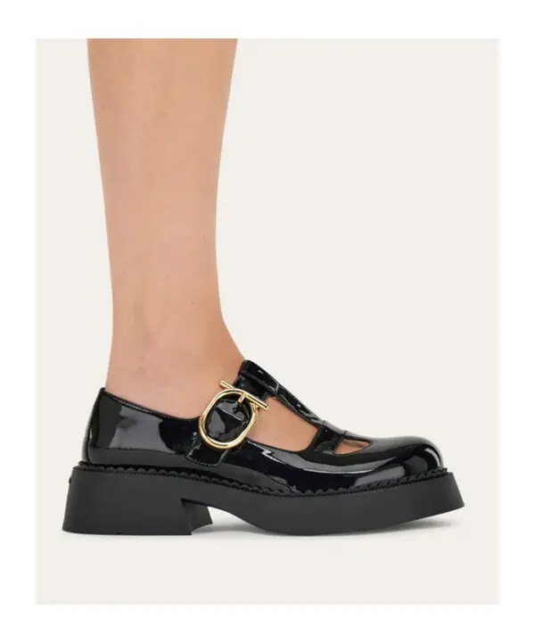 FERRAGAMO Patent Leather Mary Jane Loafers - Black