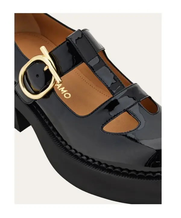 FERRAGAMO Patent Leather Mary Jane Loafers - Black