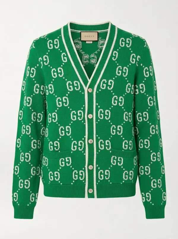 Gucci Logo Intarsia Monogrammed V-neck Cardigan - Green And Ivory