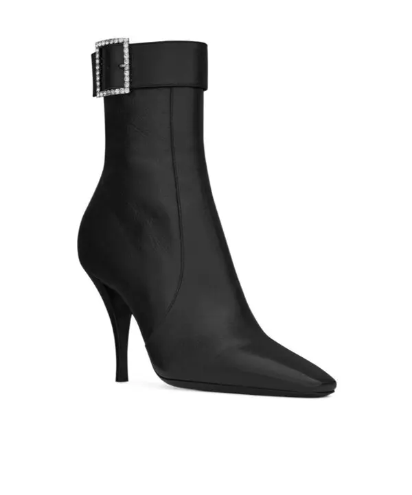 Saint Laurent Jill Square Toe Stiletto Ankle Boots With Embellished Buckle