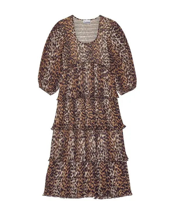 GANNI Leopard Printed Pleated Midi Dress