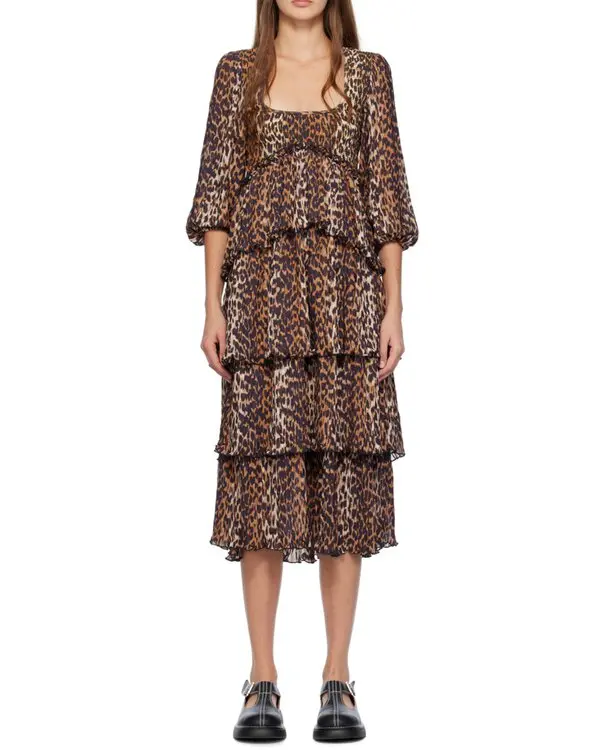 GANNI Leopard Printed Pleated Midi Dress