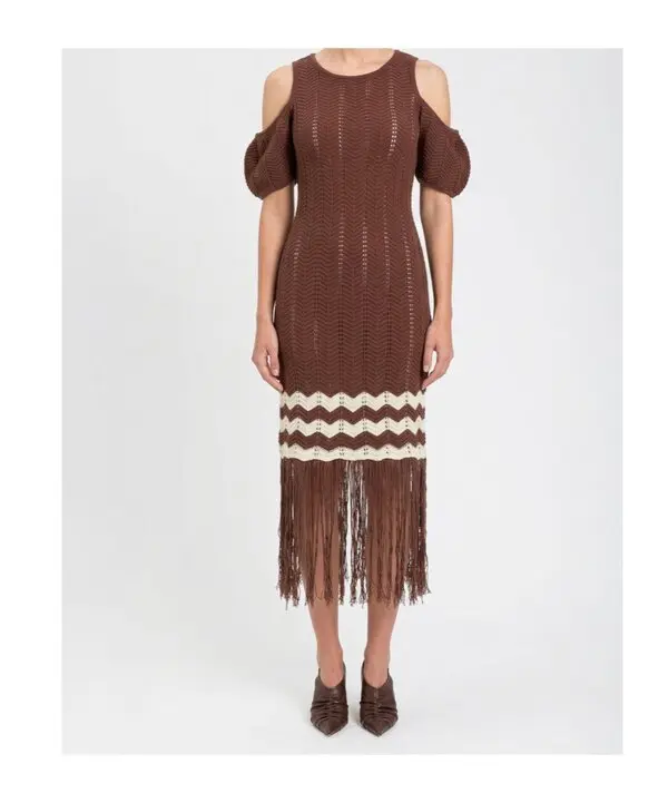 TWINSET Knitted Dress With Fringe And Cold Shoulder Detail - Brown
