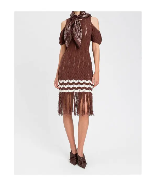 TWINSET Knitted Dress With Fringe And Cold Shoulder Detail