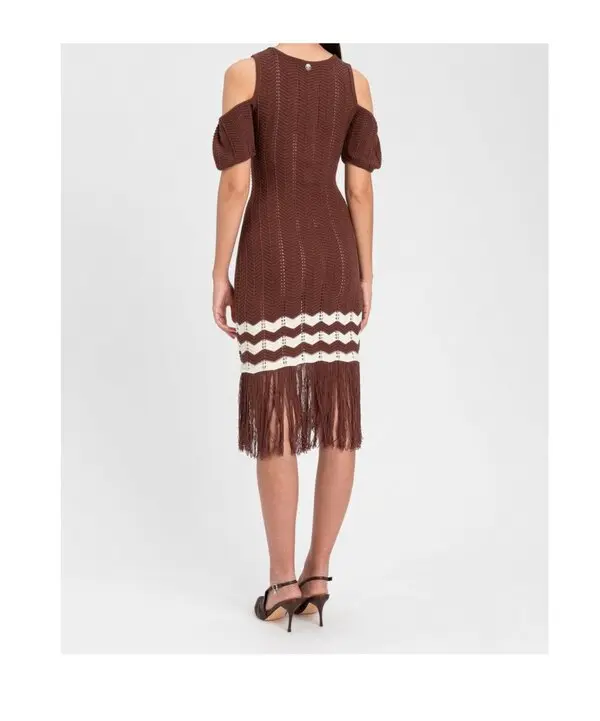 TWINSET Knitted Dress With Fringe And Cold Shoulder Detail