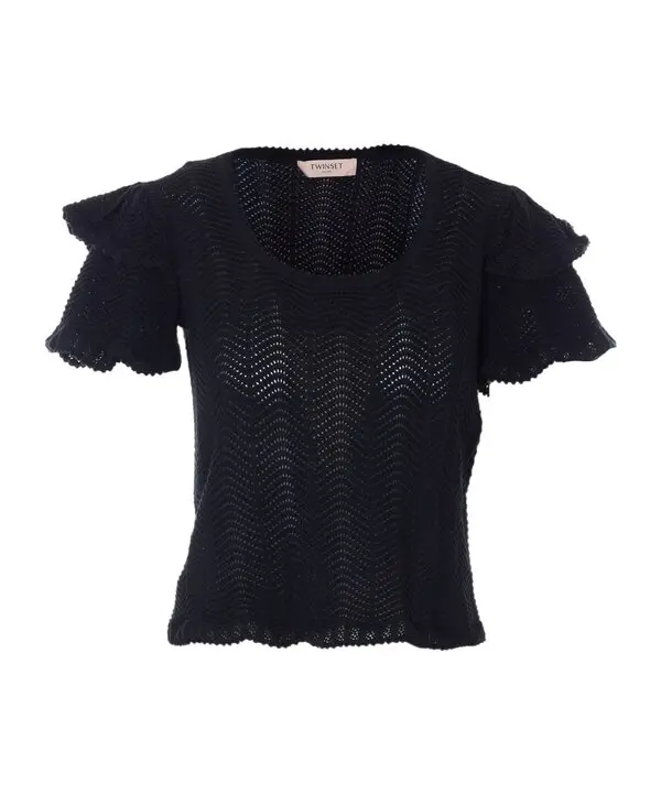 TWINSET Openwork Knit Ruffled Top - Black
