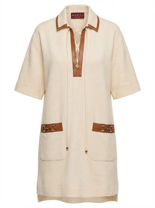 Gucci Horsebit Linen Canvas Dress With Leather Trim